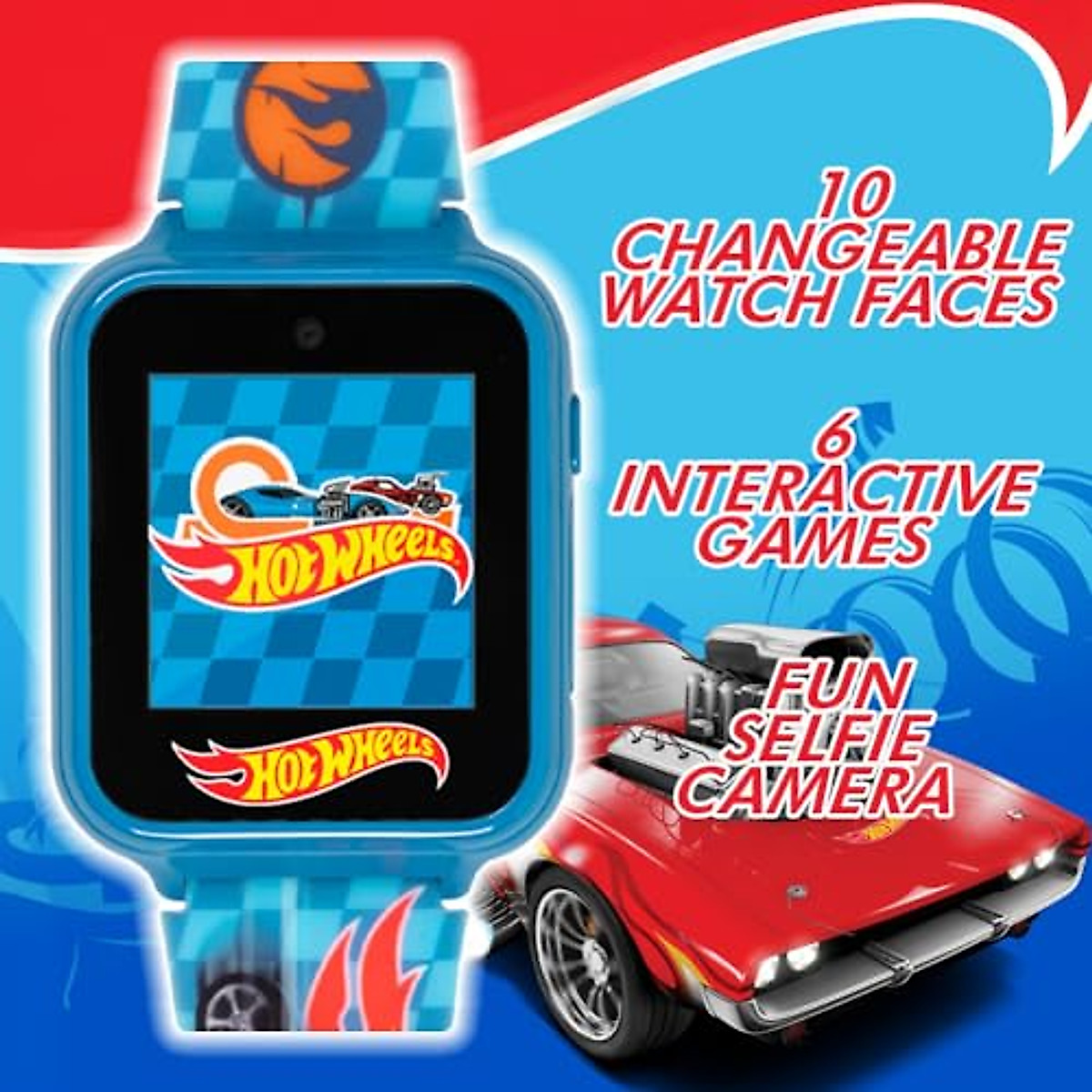 Hot Wheels Interactive Kids Smartwatch – Touchscreen Watch with Camera, Games, Voice Recorder, Step Tracker, Alarm & Timer – Racing-Inspired Design, USB Rechargeable – Fits Wrists 5.5" to 8"