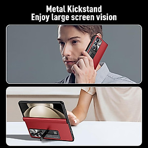 LEIAU for Samsung Galaxy Fold 5 Case: Luxury Genuine Leather case with Full Cover Hinge Protection & Screen Protector & Kickstand - Shockproof Protective Phone Case for Galaxy Z Fold 5 5G Red