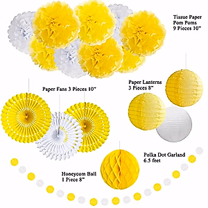 ANSOMO Yellow and White Party Decorations for Birthday Bridal Baby Shower Wedding Graduation Sunflower Wall Hanging Décor Tissue Pom Poms Paper Fans Lanterns