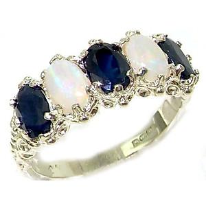 LetsBuyGold 925 Sterling Silver Natural Sapphire and Opal Womens Anniversary Ring - Size 6.25
