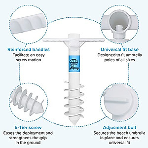 AMMSUN Beach Umbrella Sand Anchor Heavy Duty, Outdoor Umbrella Base with 5 Spiral Screw, Universa & One Size Fits All Beach Umbrella, Safe Umbrella Holder Stand Ideal for Strong Winds White