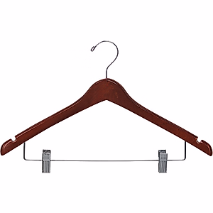 The Great American Hanger Company Wood Curved Combo Hanger w/Adjustable Cushion Clips, Box of 100 17 Inch Wooden Hangers w/Walnut Finish & Chrome Swivel Hook & Notches for Shirt Jacket or Dress