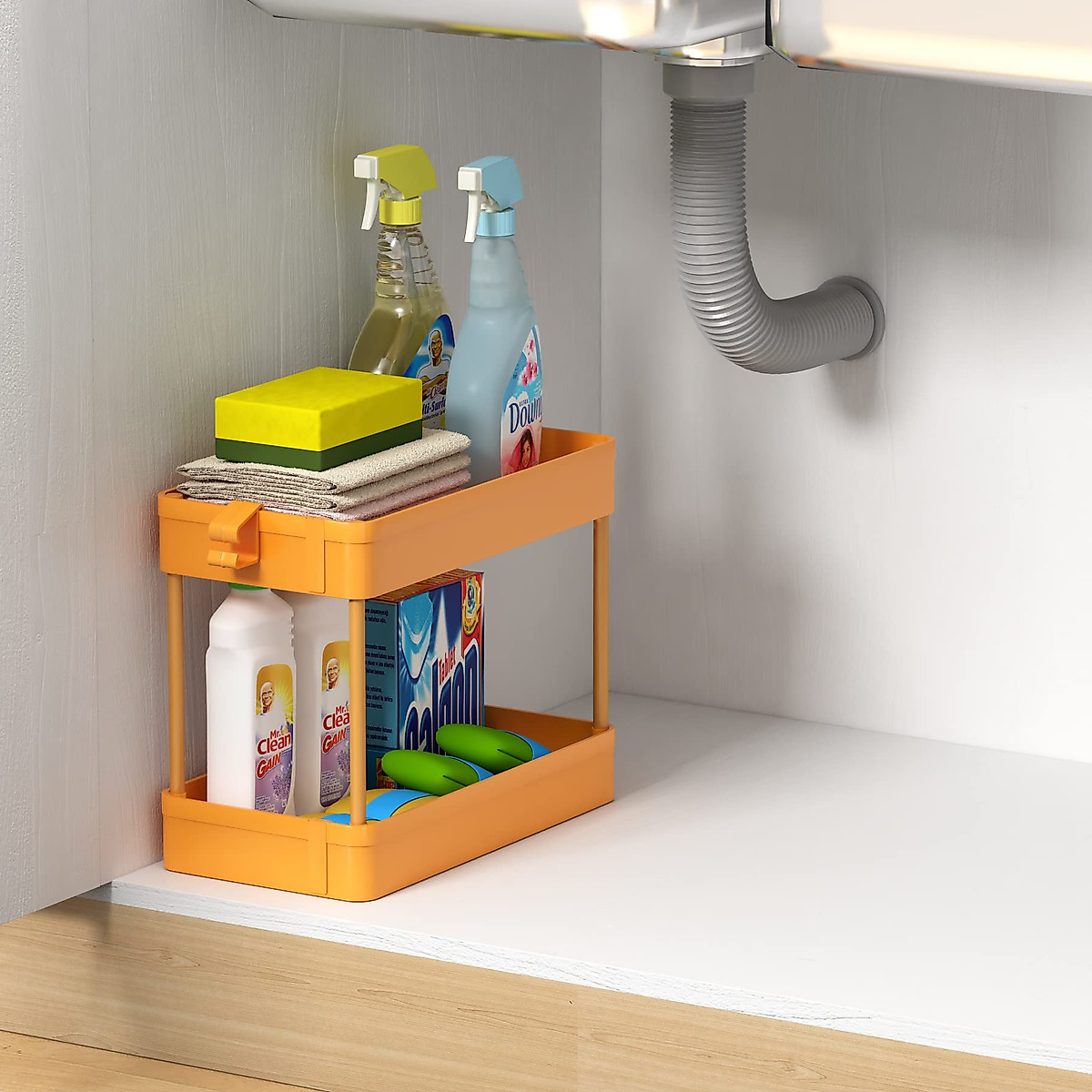 Boeeoan Under Sink Organizers Storage Rack,2 Tier Bathroom Under Sink Shelf Basket with Hooks, Under Kitchen Sink Shelf Multi-purpose, White