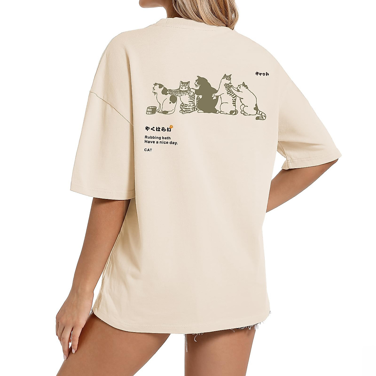 Cayxatiu Cute Cat Graphic Tees for Women Harajuku Shirt Letter Printed Oversized T Shirts Aesthetic Casual Baggy Tshirts (Apricot,L,Large)