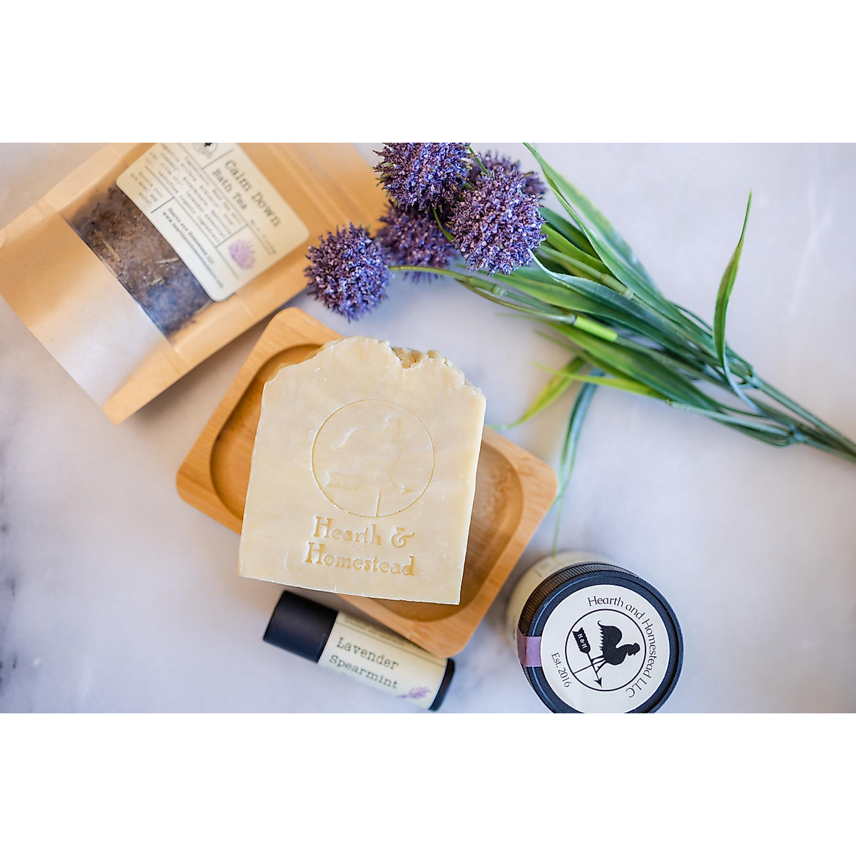 Hearth and Homestead: Calm Down Lavender Gift Set: Handmade and Organic Tallow Balm, Lip Balm, Olive oil Soap, Magnesium Bath Tea Soak