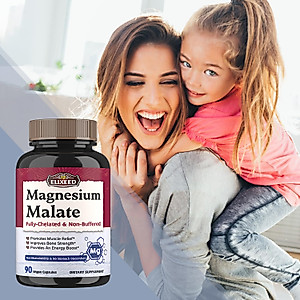 Elixeed Magnesium Malate, Chelated, Fully Reacted & Non-Buffered, Max Absorption & Bioavailability, No Stomach Upset, for Men, Women & Kids, Energy, Muscle Function & Bone Support, 90 Vegan Caps
