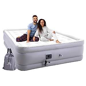 ALPHA CAMP 19” Queen Size Air Mattress with Built-in Pump, Double Height Inflatable Airbed Blow Up Mattress with Soft Plush Top, Airbed for Home Guests Portable Camping Travel