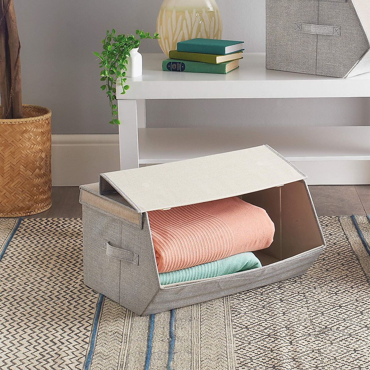 Anika 66819 Stackable Storage Box with Magnetic Secured Lid-25x35x50cm-Cream, Canvas, Cream, Large