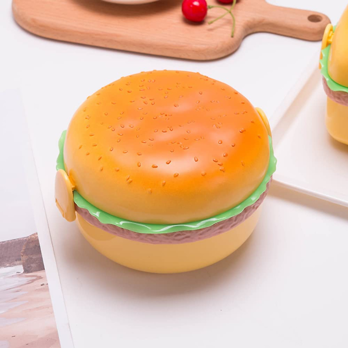 YFEIQI Cute Hamburger, 3-Layer Portable Lunch Box, Salad Box, Microwave Heated Lunch Box, Simulated Hamburger, Suitable for Storing Fruits, Vegetables, and Salads (Circular)