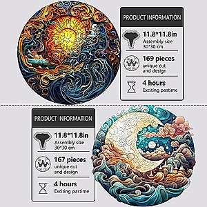 2PCS Wooden Jigsaw Puzzles, Sun and Moon Jigsaw Puzzles for Adults, Unique Shape Wood Cut Puzzles, Best Gift for Adults and Kids,11.8x11.8in