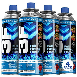 3F Butane Fuel Canister, 8oz, 4 Pack, For Camping Stoves and Torch Heads Compatible with 8oz Canisters, Triple Seamed RVR (TSR/RVR), Refined and Pure