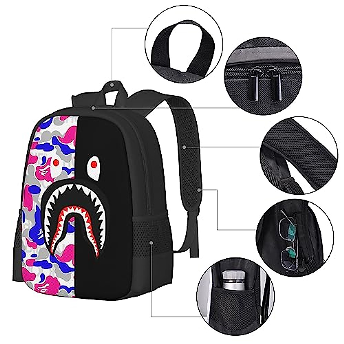 AIRPO Fashion Shark Backpacks Bright Navy Pink Camouflage Large Capacity Laptop Daypack Lightweight Backpack Travel Hiking Bag For Women Men