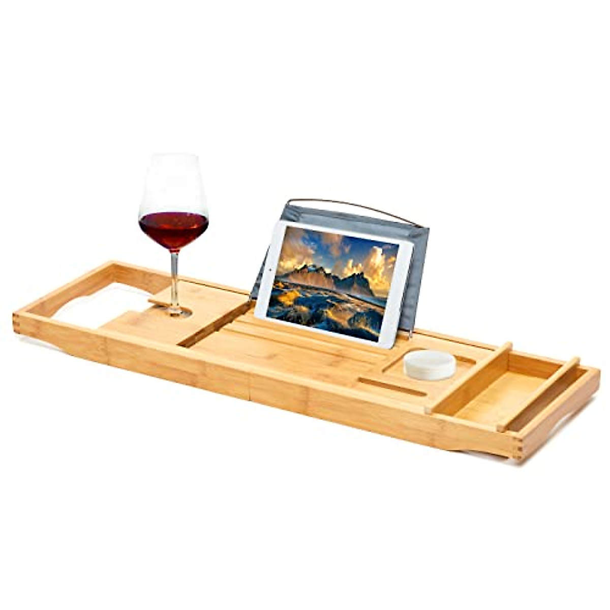 RoyalHouse Bamboo Bathtub Caddy Tray, Expandable Bath Table Over Tub with Glass Book, Adjustable Organizer Tray for Bathroom, Wine and Phone Holder, Ideal Gift for Family & Friends