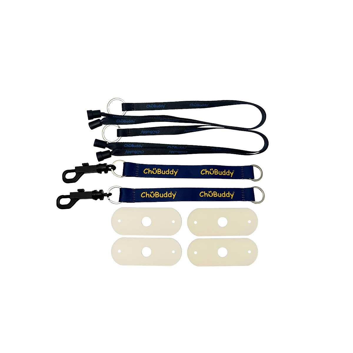 CHU-BUDDY ChuBuddy Chew Holder 4 Pack: Two (Navy) Clip-Ons & Two (Black) Neck Lanyards