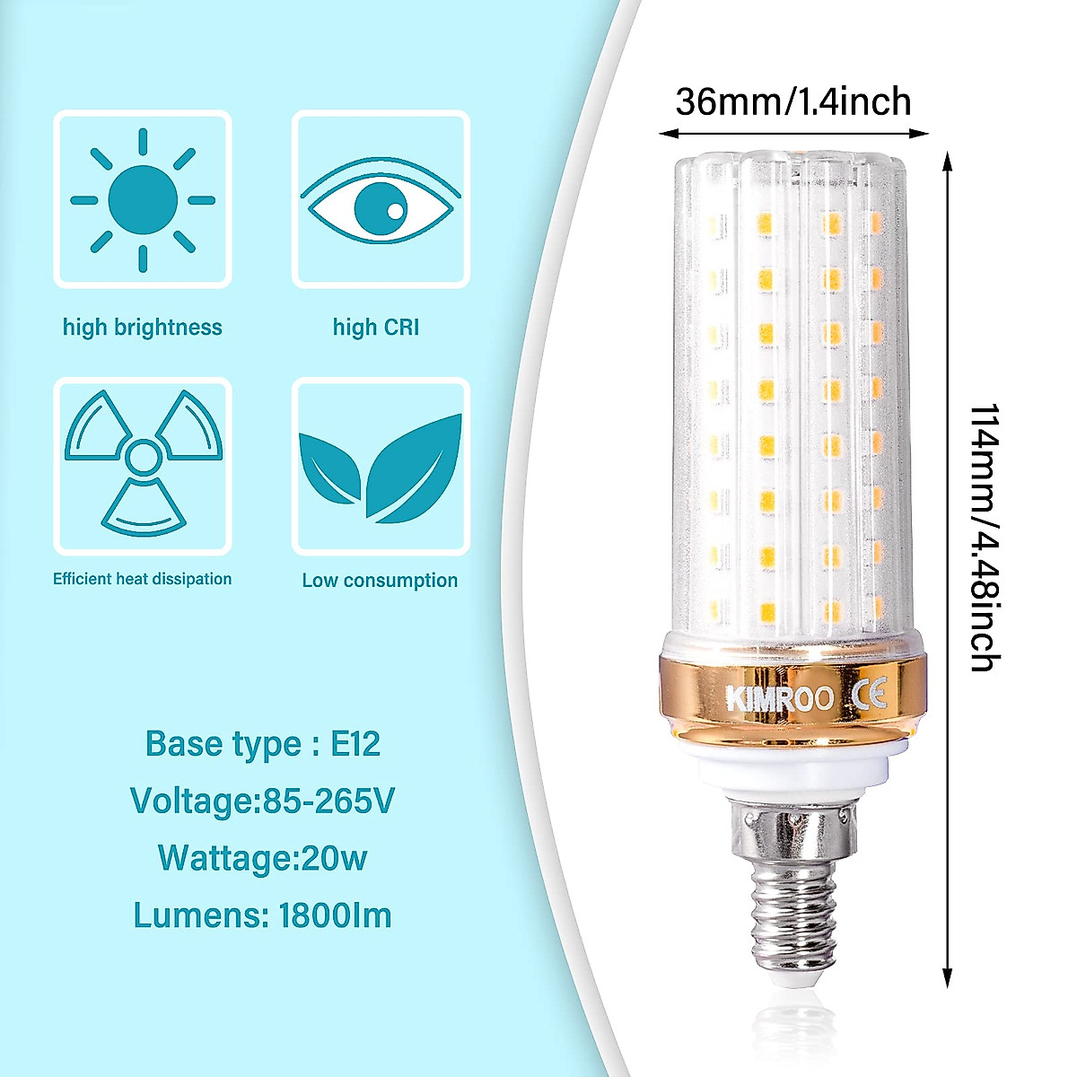 KIMROO E12 LED Bulbs 20W Candelabra LED Bulbs(4-Pack)-88 LEDs 2835 SMD 180W Equivalent, 3000K Warm White 1800lm Decorative Candle E12 Corn Chandelier Bulbs,Non-Dimmable (Warm White)