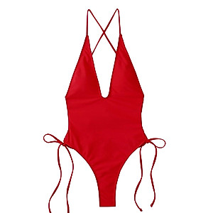 Lilosy Sexy Push Up Plunge Backless Tie Side High Cut Leg Thong Cheeky Brazilian One Piece Bikini Swimsuit Women Open Back Bathing Suit Criss Cross Monokini String Red Medium