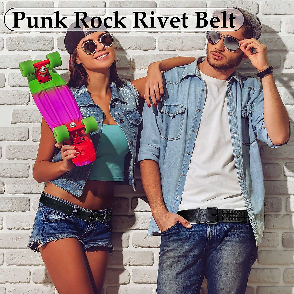 Studded Belt Metal Punk Rock Rivet Belt Punk Leather Belt Threads Studded Goth Belt with Pyramid Studs for Women Men(Black)