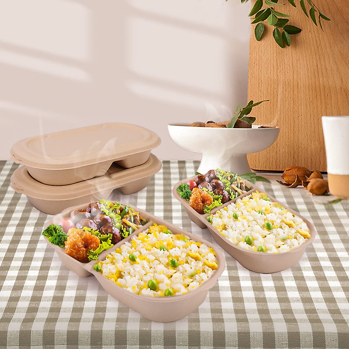 50Pcs Disposable Bowls with Lids and Forks,2 Compartment Paper Pulp Compostable Food Storage Container,Biodegradable Disposable Bowls Leakproof and Microwave Safe,for Hot/Cold Use