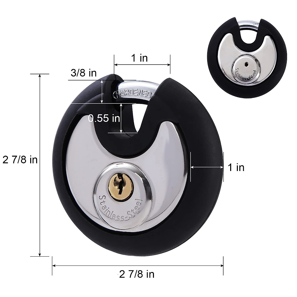 DAYGOS Outdoor Padlock for Storage Unit, Waterproof Stainless Steel Disc Lock with Rubber Bumper for Sheds,Gate and Fence, Heavy Duty Discus Keyed Pad Lock (3/8-Inch Shackle)