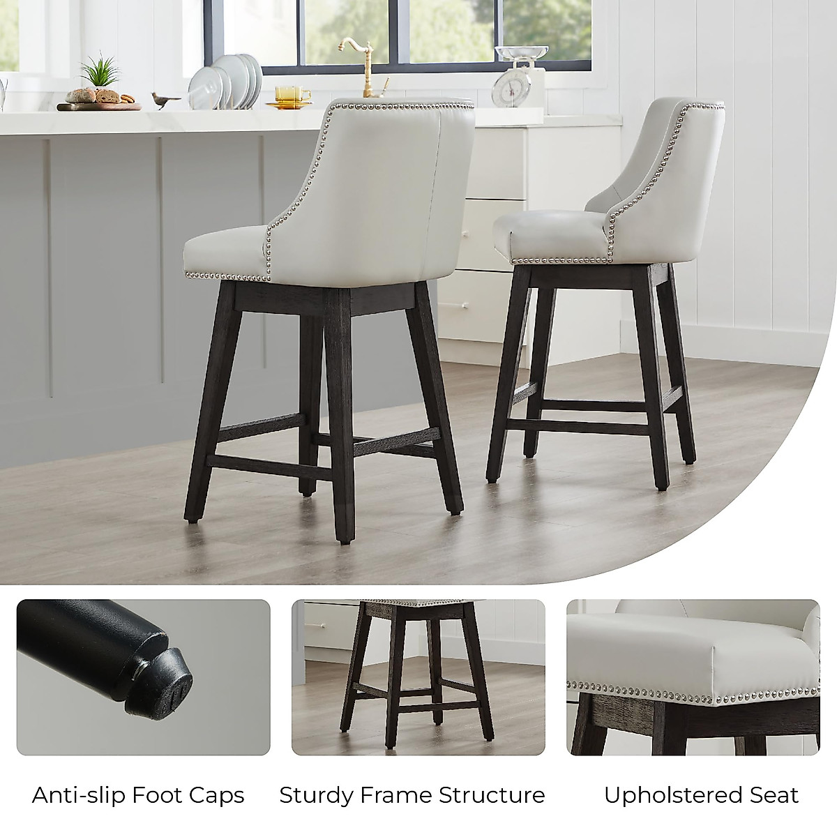 CHITA Counter Height Swivel Barstool,26" H Seat Height Upholstered Bar Stool,360° Free Swivel Barstools with Comfortable Foam Cushioning,Creamy Gray