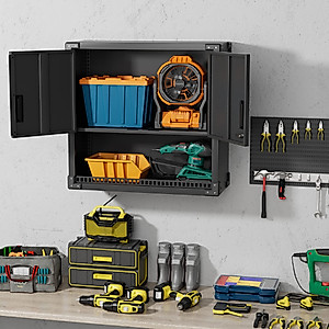 Aobabo Metal Wall Storage Cabinet with Locking Door and 1 Shelf 1 Opened Drawer, Wall-Mounted Storage Cabinet for Garage, Warehouse, Office, Black, Assembly Required