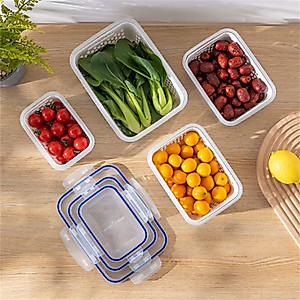 Fruit Vegetable Food Storage Containers for Fridge,Large Produce Saver Containers with Airtight Lid & Colander,3 in 1 Multifunction with Drain Basket Refrigerator Organizers for Fruits, Salad, Lettuce