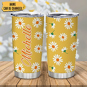Hyturtle Personalized Gifts For Daisy Flower Lover - Birthday Christmas - White Daisy Flower Print Custom Name Stainless Steel Tumbler 20oz With Straw Lid - Gifts For Her Women Girl Daughter Friend