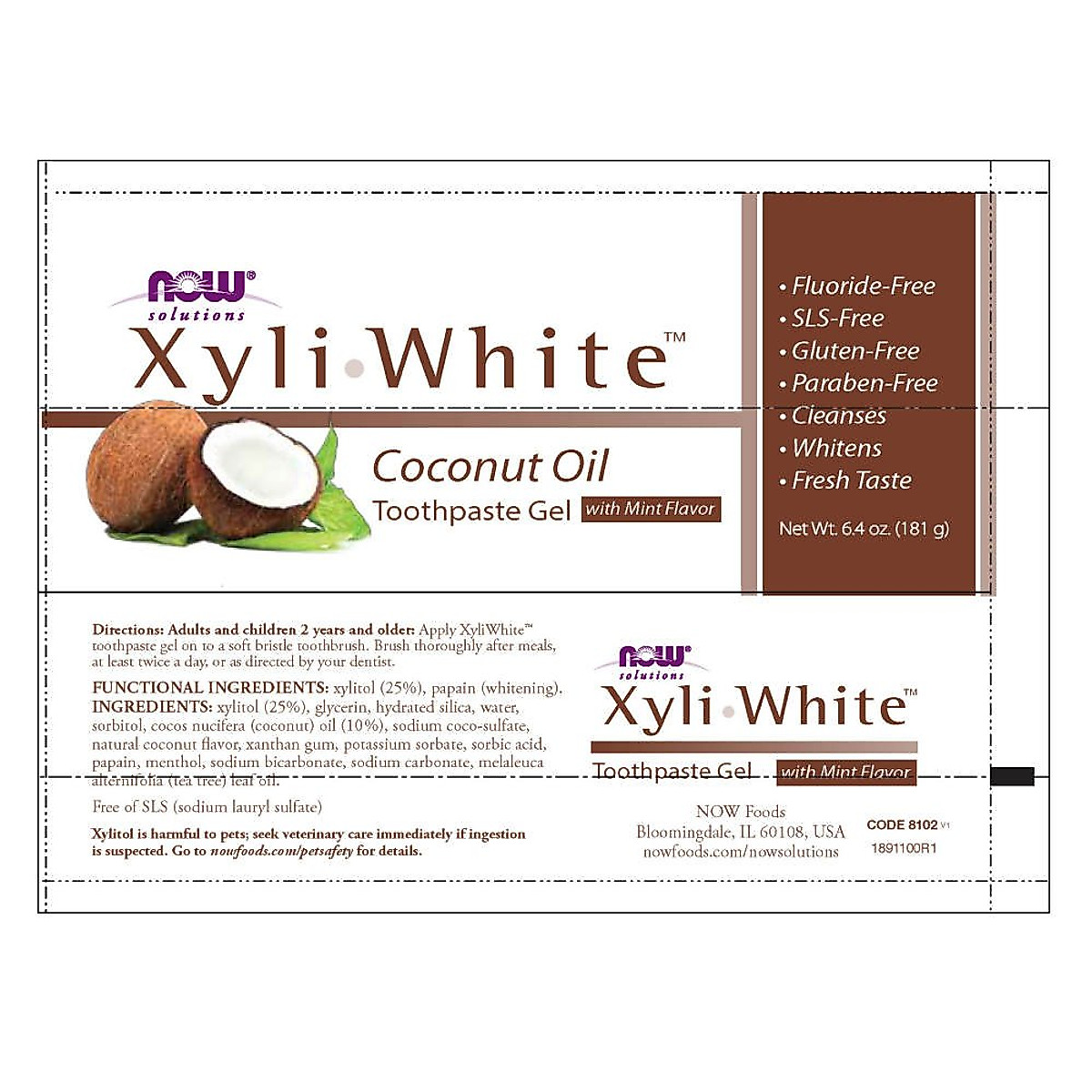 NOW Solutions, Xyliwhite™ Toothpaste Gel, Coconut Oil, Cleanses and Whitens, Cool Coconut-Mint Taste, 6.4-Ounce