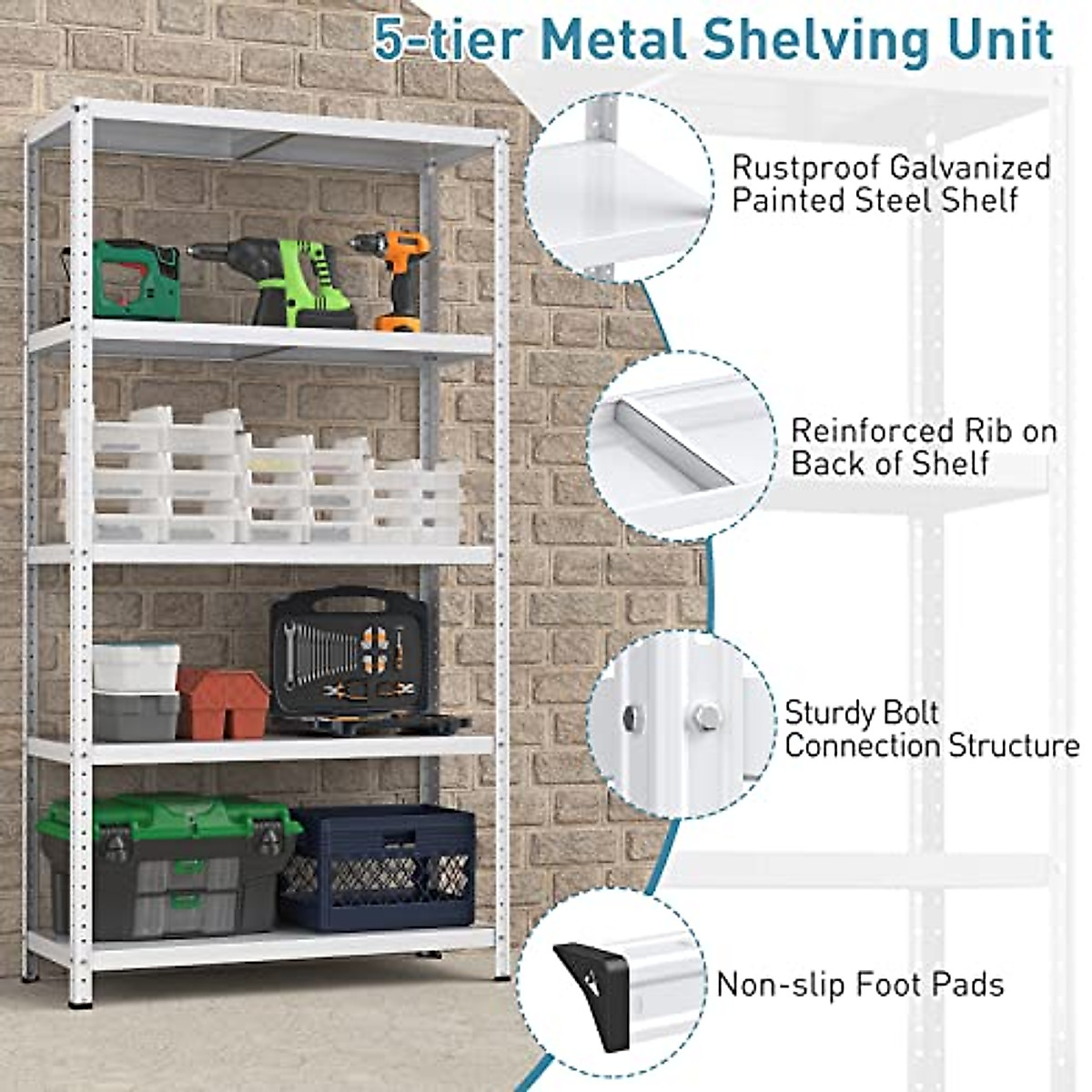 Giantex 4 Pcs 5-Tier Storage Shelves, 39 x 16 x 74 Inch Height Adjustable Steel Garage Storage Rack with Foot Pads, Heavy Duty Garage Shelving for Warehouse, Basement, Kitchen, White