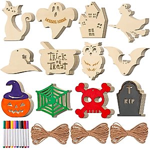 MGparty Halloween Crafts 60PCS Halloween Wooden Slices DIY Natural Wood Crafts Unfinished Predrilled Cutouts Ornaments for Kids Halloween Hanging Decorations Gifts