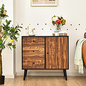 Tangkula Retro Storage Cabinet, Wood Floor Cabinet with 3 Drawers and 1 Cabinet w/Adjustable Shelf, Accent Cabinet for Living Room Entryway Home Office, Rustic Brown (Retro)