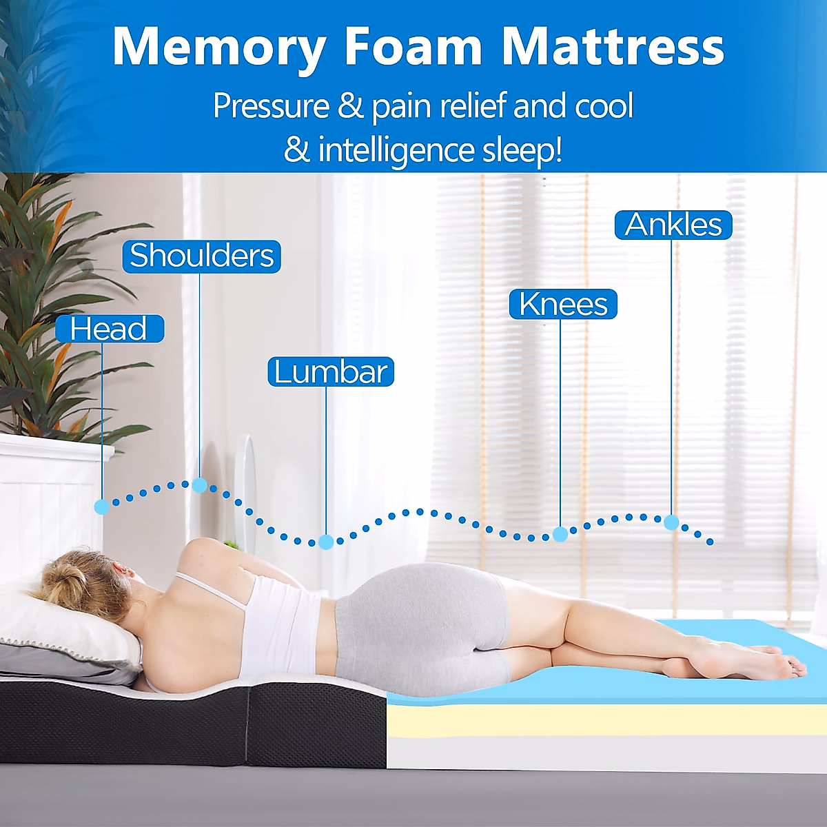 Roxzo Folding Mattress Queen Size,6 inch Tri-fold Memory Foam Mattress Topper with Washable Cover, Non-Slip Bottom Mattress Guest Bed Queen Size, 78" x 58" x 6"