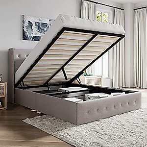 SHA CERLIN Queen Size Lift Up Storage Bed/Button Tufted Wingback Headboard/Hydraulic Storage/Upholstered Platform Bed Frame/No Box Spring Needed/Wood Slats Support/Light Beige