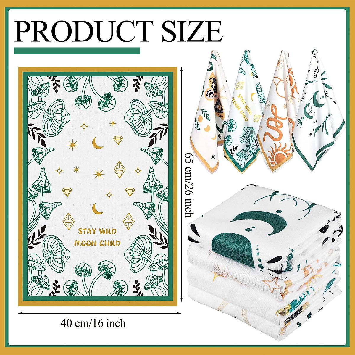 Kinlop 4 Pieces Kitchen Towels Gift Star Mushroom Moon Boho Witchy Cute Dish Towels Ultra Absorbent Drying Cloth Tea Towels Kitchen Hand Towels Farmhouse Soft Dishcloths Coffee Tea Bar Hand Towels