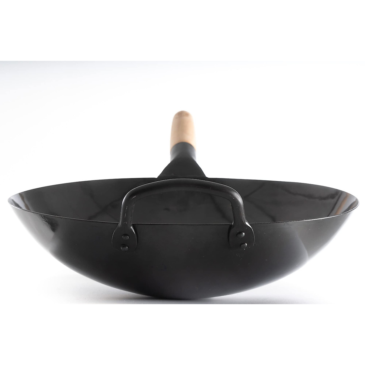 Craft Wok Black13 Pre-Seasoned Hand Hammered Carbon Steel Pow Wok with Wooden and Steel Helper Handle (13 Inch, Round Bottom)