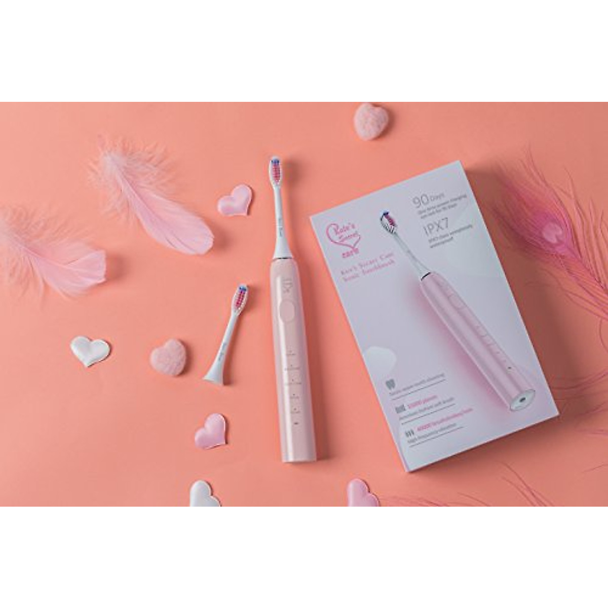 Kate's Secret Care Sonic Toothbrush Rechargeable One Charge Minimum 90 Days Use 5 Modes IPX7 Class Completely Waterproof 2 American Dupont Soft Head Brush - Pink
