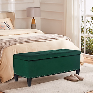 Adeco Rectangular Storage Ottoman, Velvet Tufted End of Bed Bench with Rivet, Footrest Stool Coffee Table for Living Room Bedroom Entryway, Need Assembly, Green