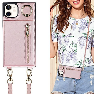 Jaorty iPhone 12 Mini Case with Card Holder for Women,Crossbody Wallet Case for iPhone 12 Mini with Strap,[Ring Holder Kickstand] Lanyard Leather PU Magnetic Clasp Zipper Purse,5.4" Pink