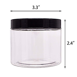 zmybcpack 12 Pack 8 OZ Clear Plastic Jars With Black Lids, A Spatula, A Pen & Labels - BPA Free PET Container for Cosmetics, Cream, Bathroom, Kitchen & Travel Plastic Slime Storage Jars