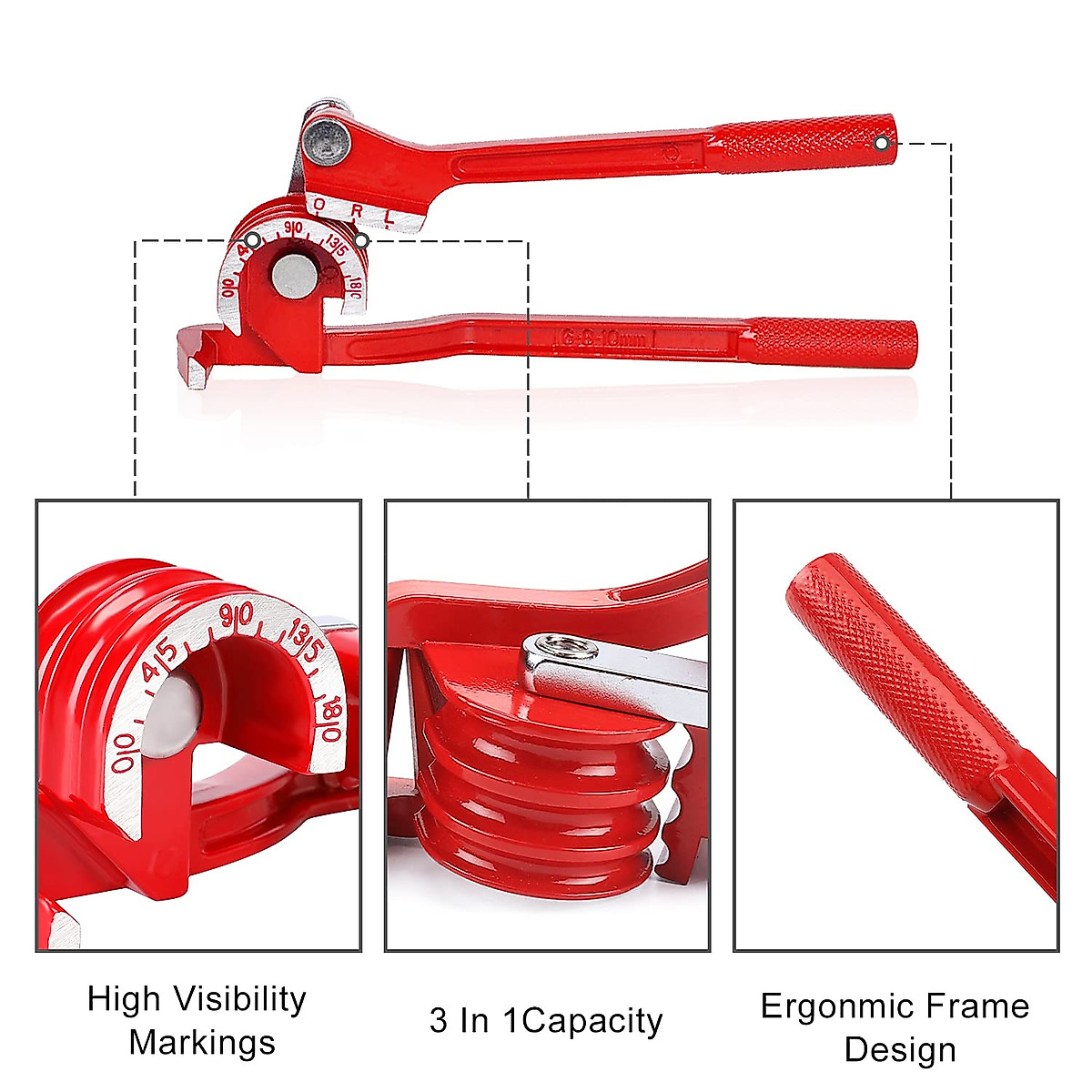 Sufford 180 Degree Tubing Bender 3-in-1 Heavy Duty Tube Bender Brake Line Bending Tool For 6,8,10mm Tubes Stainless Steel Red
