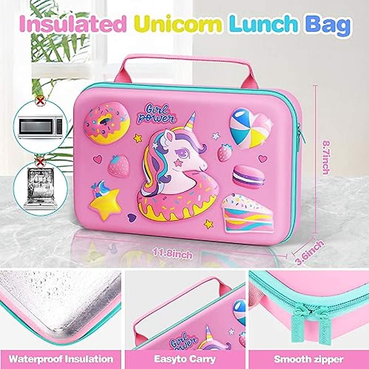 QearFun Insulated Unicorn Lunch Bag Bento Box for Girls,Lunch Box Set with 4 Compartment Bento Box Water Bottle Ice Pack Salad Container Food Picks,Perfect Kids Lunch Boxes for School Age 7-15