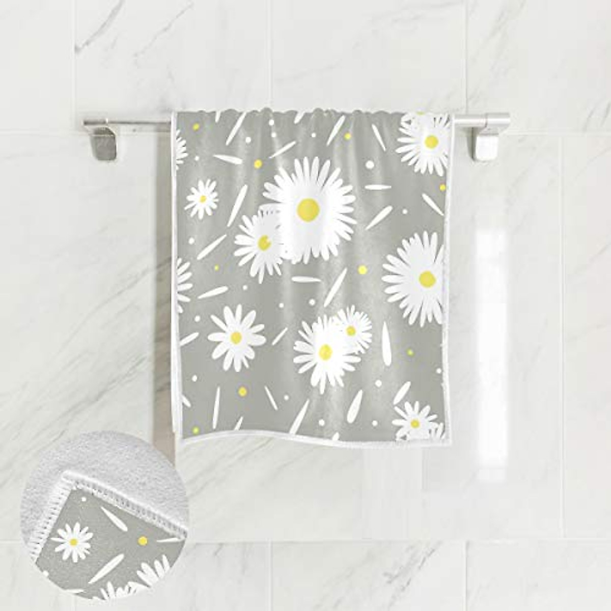 VIKKO White Daisy Flower On Gray Towels Hand Washcloths Polyester Fingertip Towel with Single-Sided Printing for Home Hotel Bathroom Decoration - 30x15 Inch