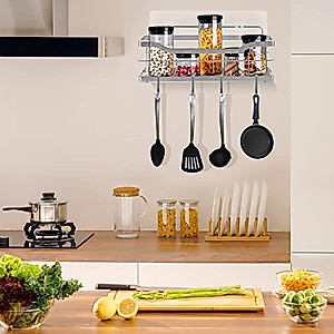 Adhesive Hanging Shower Caddy Organizer Shelf for Inside Shower with 6 Movable Hooks, 304 Stainless Steel, Wall Mount No Drilling, Spice Rack for Kitchen Storage -Silver, 2-Pack