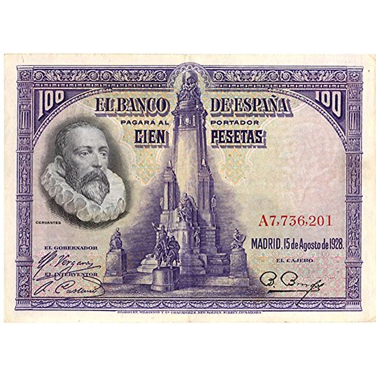 1928 ES THE DON QUIXOTE BANKNOTE! 1 OF SPAIN'S LOVELIEST LARGE BANKNOTES! SCARCE SO NICE! 100 PESETAS Choice Crisp AU (Looks Uncirculated)