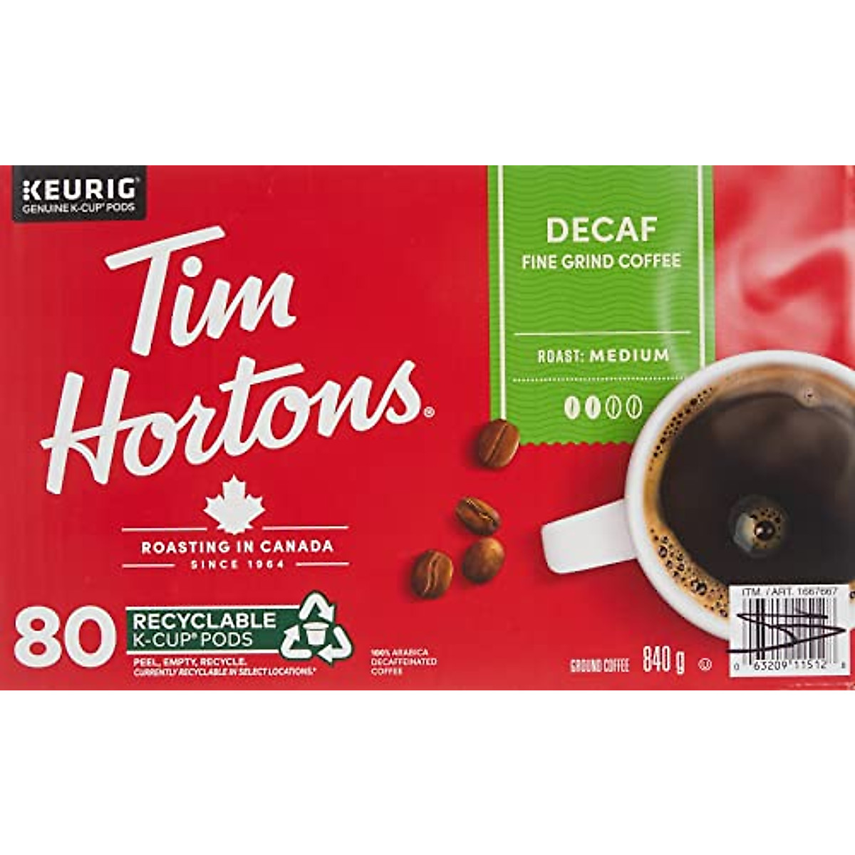 Tim Hortons Single-serve Decaf 80 K-Cup Pods, 840g/29.6oz {Imported from Canada}