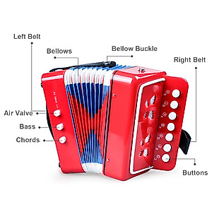Tosnail Kids Accordion Toy 10 Keys Buttons Control Mini Musical Instruments for Children, Kids, Toddlers, Early Childhood Development - Red