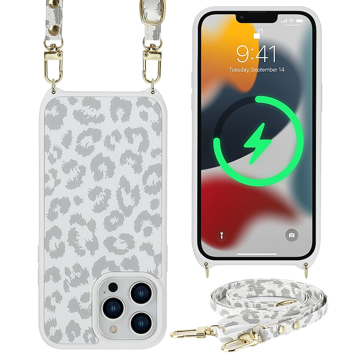 Cavor for iPhone 13 Pro Max Case,Compatible with Magsafe for Women,Crossbody Cases for iPhone 13 Pro Max with Strap Wireless Charging,Leopard Grain Full Body Shockproof Protective Case,White