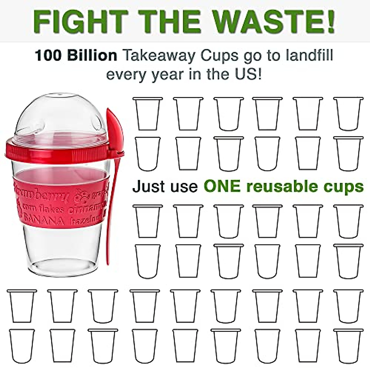 Crystalia Yogurt Parfait Cups with Lids, Breakfast On the Go Plastic Bowls with Topping Cereal Oatmeal or Fruit Container, Snack Cup and Spoon for Lunch Box, Portable & Reusable, 2PCs (Red and Cream)