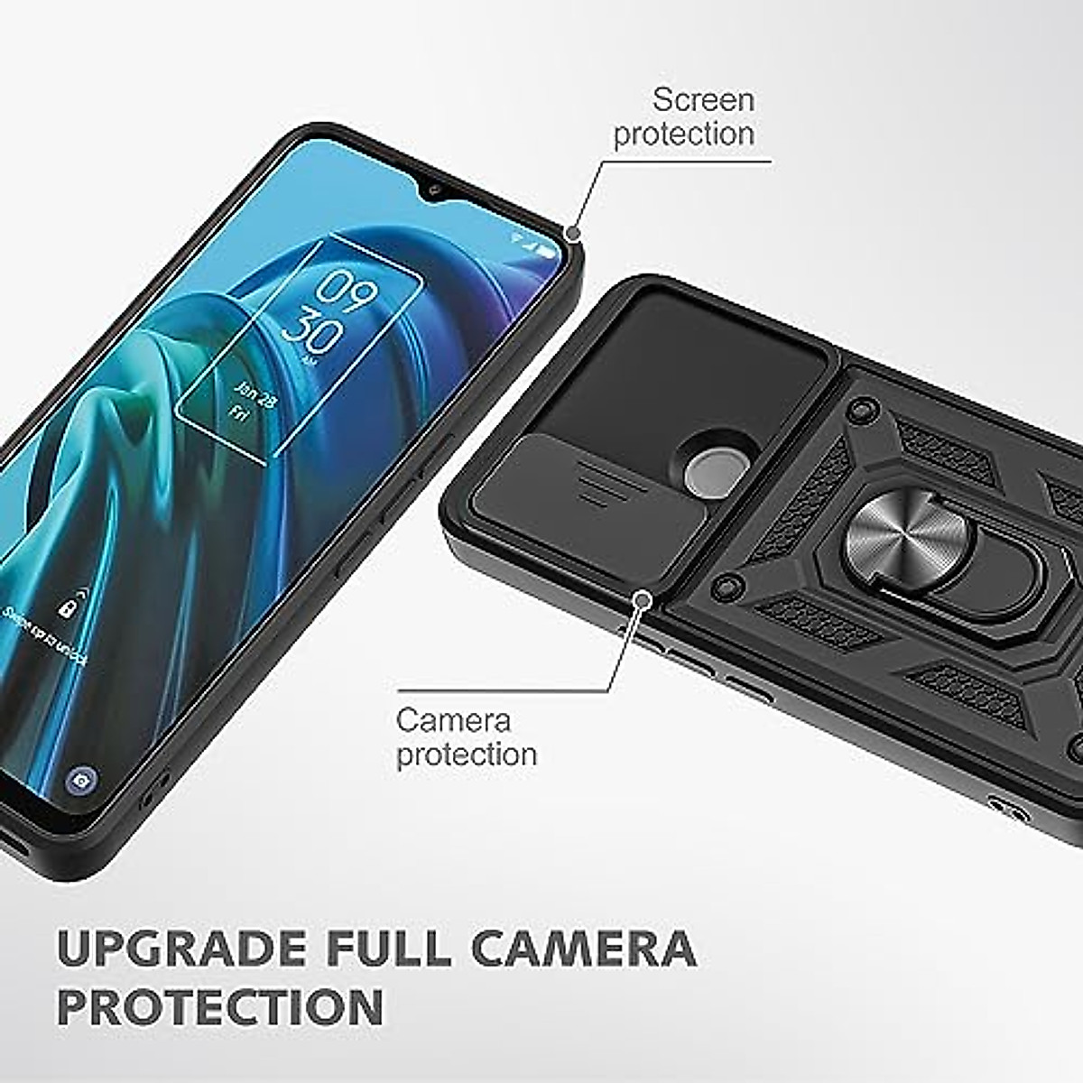 AKINIK for TCL 30 XE 5G Phone Case with Slide Camera Cover and 2pcs HD Screen Protector, 360° Rotation Ring Kickstand [Military Grade] Case for TCL 30 XE 5G (Black)