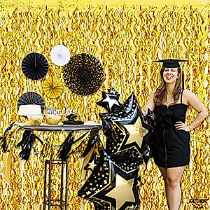 KatchOn, XtraLarge Wave Gold Backdrop Curtain - 6.4x3.2 Feet, Pack of 2 | Gold Fringe Curtain Backdrop for Gold Streamers Party Decorations | Gold Foil Curtain | Golden Birthday Decorations for Boys
